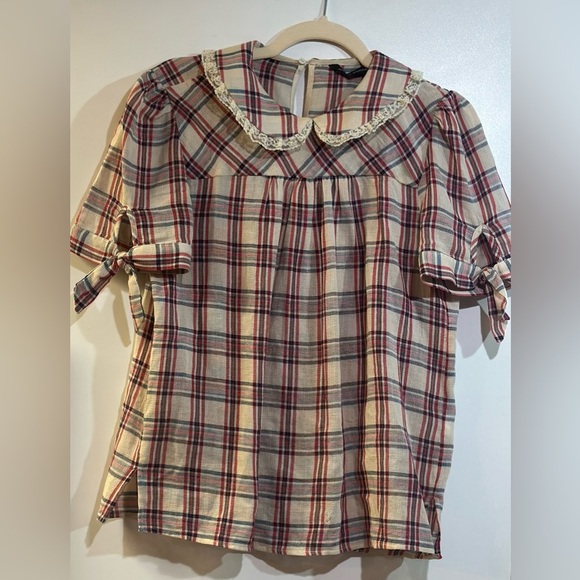 Zara | Tops | Zara Blouse Top Check Pattern Peter Pan Collar Lace ...